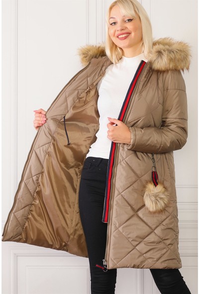 Dewberry Z6646 Dewberryn Kürklü Ponponlu Kadın Kaban-Vizon