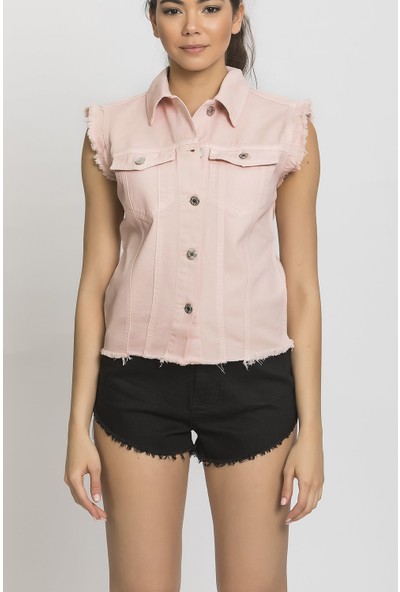 Its Basic Pudra Renk Önü Düğmeli Jean Yelek
