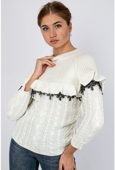 Fahima Dantel Detaylı Triko Kazak Ekru BNM02 Standart Fahima Dantel Detaylı Triko Kazak Ekru BNM02 Standart