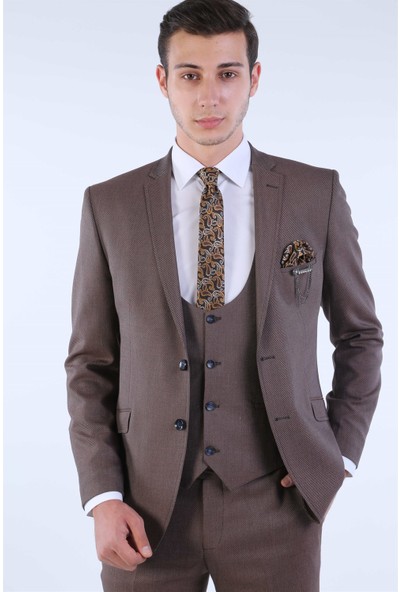 İntersivin Slim Fit Yelekli Toprak Takım Elbise