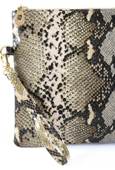 Messe Piton Desen Büyük Boy Kadın Clutch El Çantası-Bej Messe Piton Desen Büyük Boy Kadın Clutch El Çantası-Bej