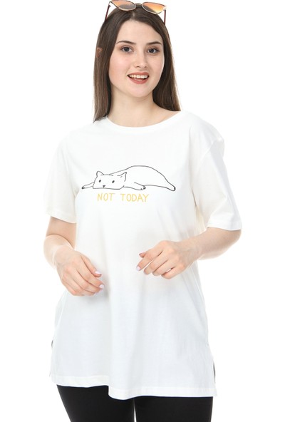 Pianoluce Kadın Büyük Beden O Yaka Baskılı Yarım Kol Örme T-Shirt Ekru