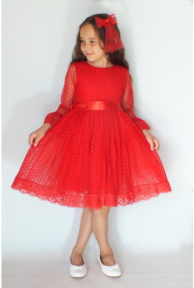 Kırmızı Dantelli Kız Çocuk Elbise