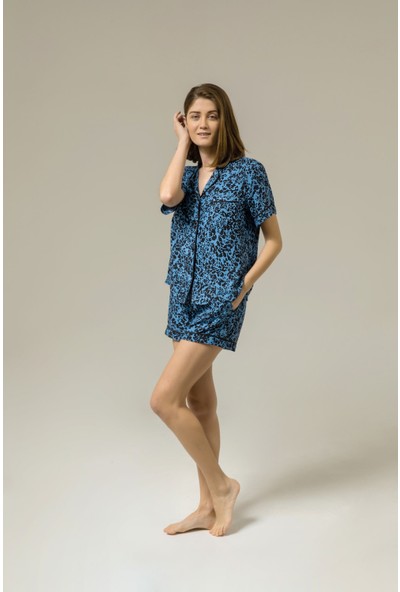 House Of Silk Mavi Dalmaçya Desenli Viskon Şort Pijama Takımı M