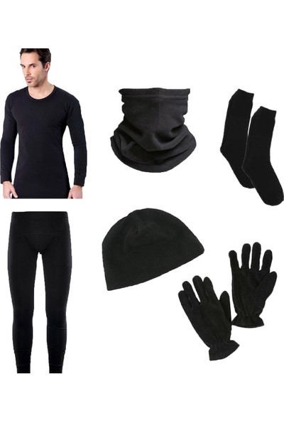 6'lı Set: Siyah Termal Içlik Takımı Polar Bere Boyunluk Eldiven Havlu Çorap