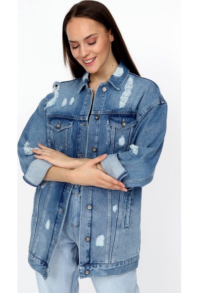 Vintage Denim Kadın Açık Mavi Yırtık Oversize Uzun Kot Ceket Vintage Denim Kadın Açık Mavi Yırtık Oversize Uzun Kot Ceket