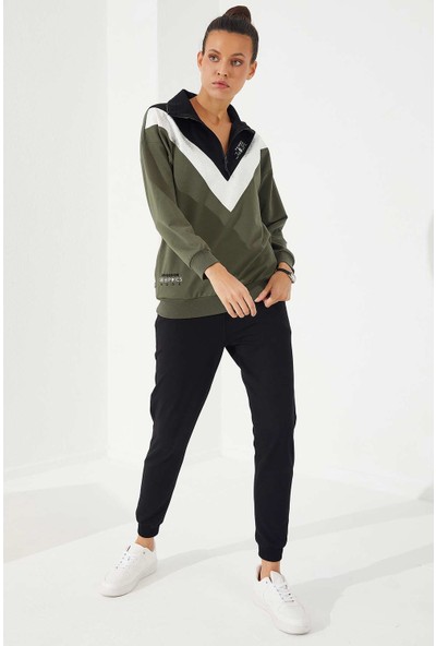 Tommy Life Haki-Siyah Kadın Yarım Fermuar Dik Yaka Rahat Form Jogger Eşofman Takımı-95269 Tommy Life Haki-Siyah Kadın Yarım Fermuar Dik Yaka Rahat Form Jogger Eşofman Takımı-95269