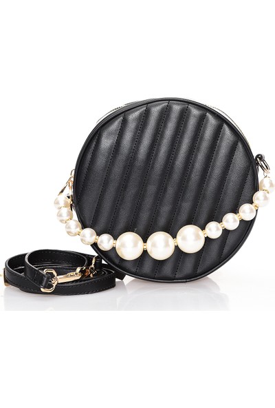 Leila Çanta Askılı Siyah Yuvarlak İnci Taşlı Kulplu Kadın El Çantası