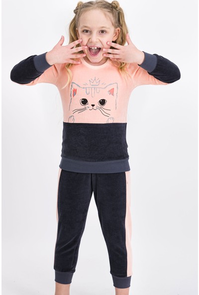 Rolypoly Queen Cat Şeftali Kız Çocuk Kadife Eşofman Takımı