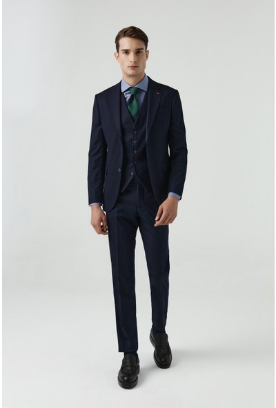 D'S Damat Slim Fit Lacivert Yelekli Takım Elbise D'S Damat Slim Fit Lacivert Yelekli Takım Elbise