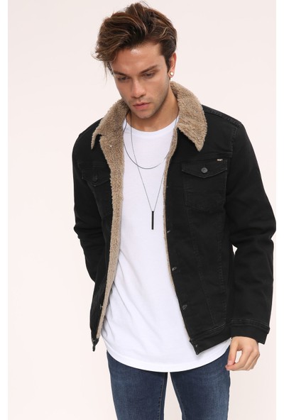 LTC Jeans Siyah Düğmeli Kürklü Erkek Kot Ceket LTC Jeans Siyah Düğmeli Kürklü Erkek Kot Ceket