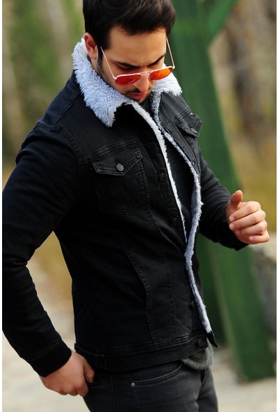 Little Cup Jeans Co Içi Gri Kürk Siyah Erkek Kot Ceket