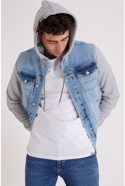 Little Cup Jeans Co Buz Mavisi Kapüşonlu Desenli Kumaş Detay Erkek Kot Ceket Little Cup Jeans Co Buz Mavisi Kapüşonlu Desenli Kumaş Detay Erkek Kot Ceket