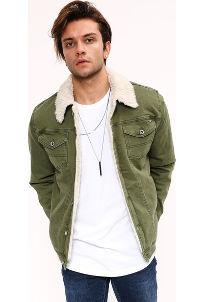 LTC Jeans Kürk Beyaz Yeşil Erkek Kot Ceket