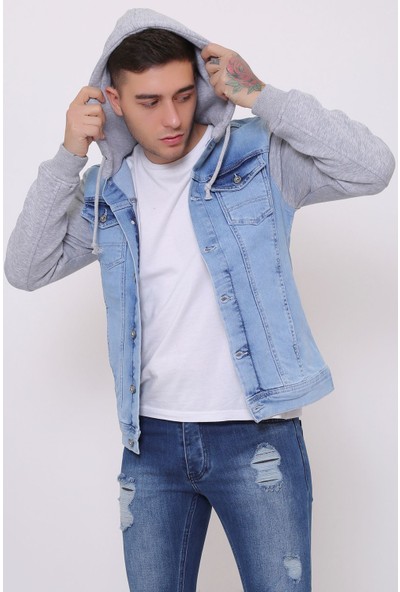 LTC Jeans Buz Mavisi Kollar Polar Kapüşonlu Erkek Kot Ceket