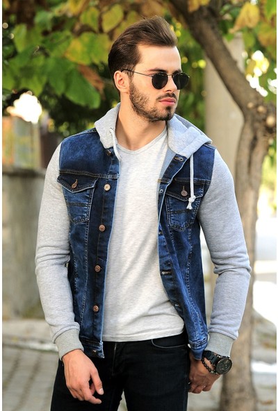 Little Cup Jeans Co Kapüşonlu Erkek Kot Ceket Kollar Polar Mavi