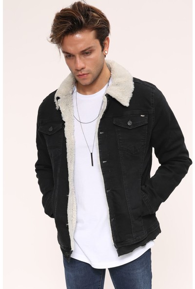 Little Cup Jeans Co Beyaz Kürk Siyah Erkek Kot Ceket