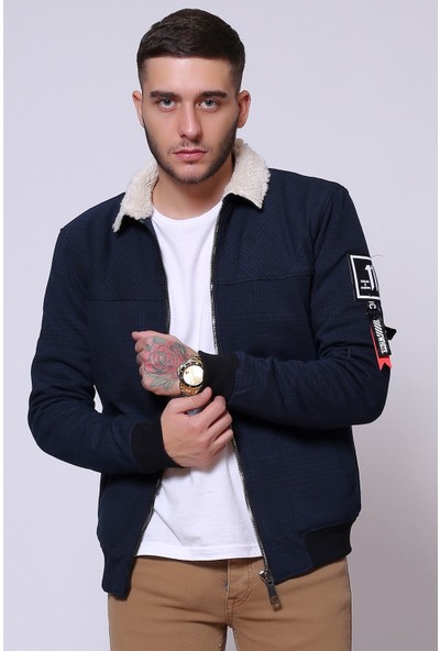 Little Cup Jeans Co Içi Kürklü Lacivert Ekose Jakarlı Fermuarlı Ceket