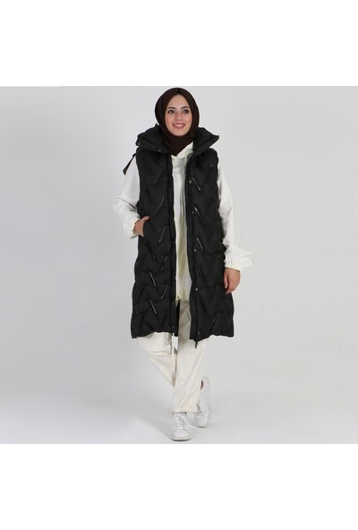 The Tesettür Kadın Parmak Yelek Dik Yaka Siyah