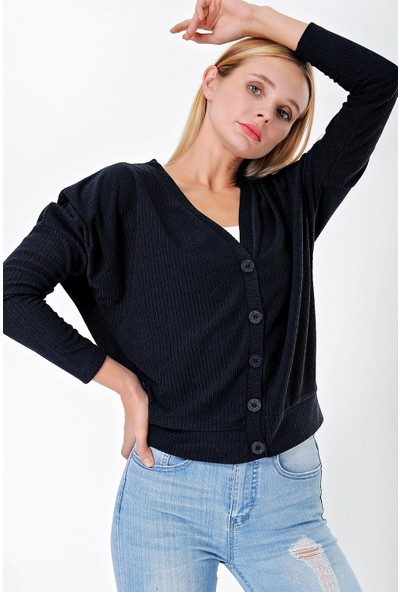 Jument Kadın Havlu Kadife V Yaka Düşük Omuzlu Uzun Kol Şık Düğmeli Hırka Lacivert M