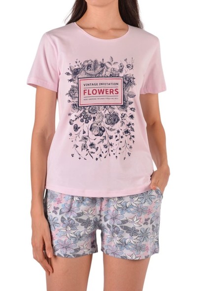 Nicoletta Pembe Kadın Şortlu Pijama Takımı Kısa Kollu Pamuk XL