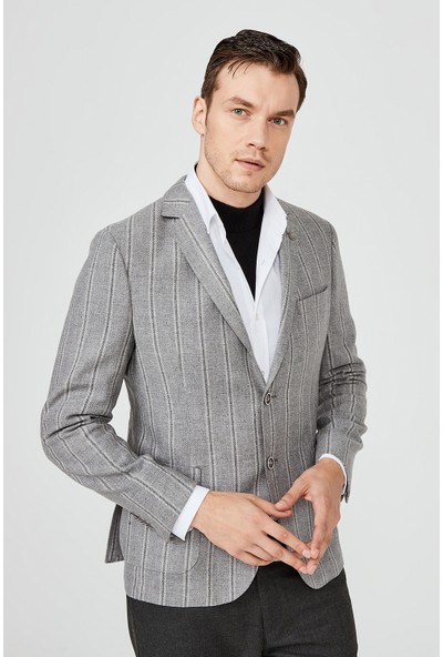 Avva Erkek Gri Mono Yaka Çizgili Slim Fit Torba Cepli Ceket A02Y4025