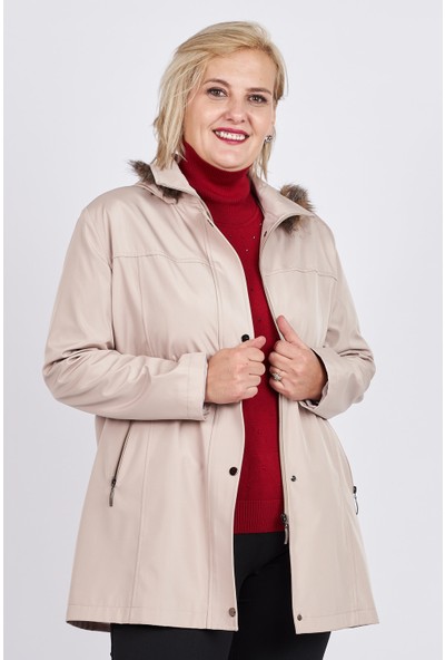 Öznur Kadın Tüylü Kapüşonlu Fermuar Cepli Mont 417111 Bej