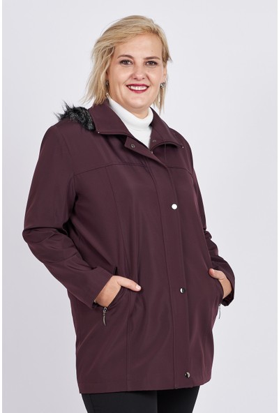 Öznur Kadın Tüylü Kapüşonlu Fermuar Cepli Mont 417111 Bordo