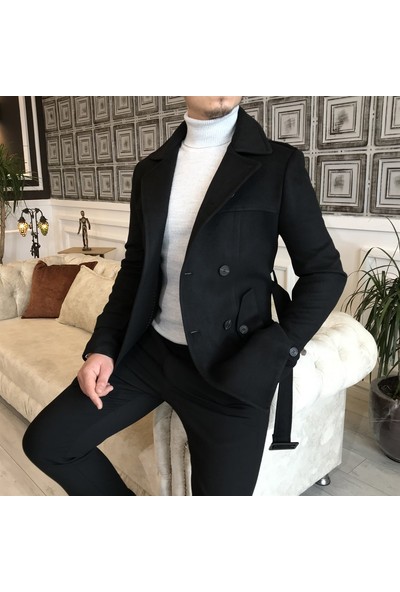 Terzi Adem Italyan Stil Erkek Kısa Kaşe Trençkot Mont Kaban Siyah T4395