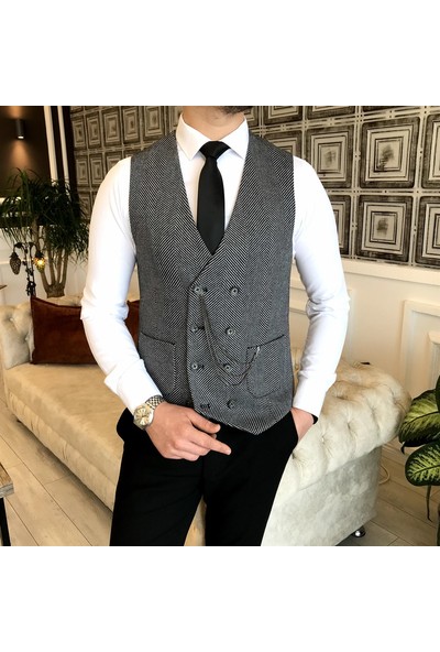 Terzi Adem Italyan Stil Slim Fit Erkek Balık Sırtı Kruvaze Cepken Yelek Siyah T4989 Terzi Adem Italyan Stil Slim Fit Erkek Balık Sırtı Kruvaze Cepken Yelek Siyah T4989