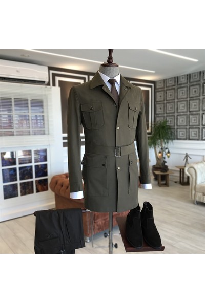 Terzi Adem Italyan Stil Slim Fit Mevsimlik Erkek Trençkot Mont Yeşil T4906