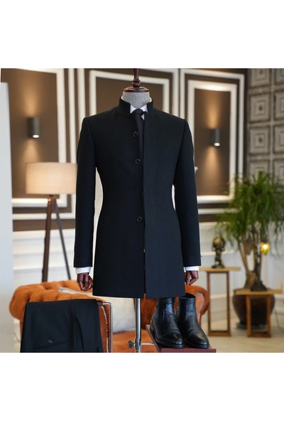 Terzi Adem Italyan Stil Hakim Yaka Yün Kaşe Kaban Siyah T3865