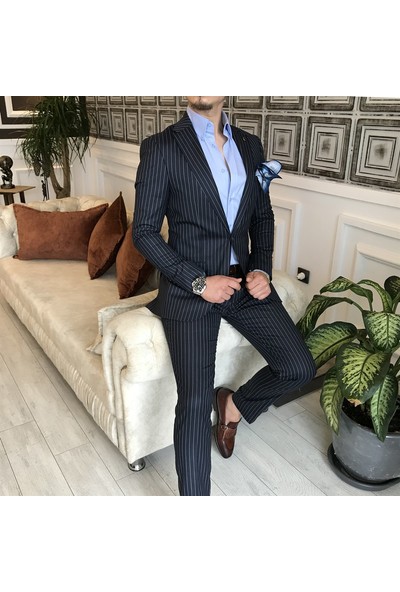 Terzi Adem İtalyan Stil Slim Fit Çizgili Erkek Ceket Pantolon Takım Elbise Koyu Lacivert T4896 Terzi Adem İtalyan Stil Slim Fit Çizgili Erkek Ceket Pantolon Takım Elbise Koyu Lacivert T4896