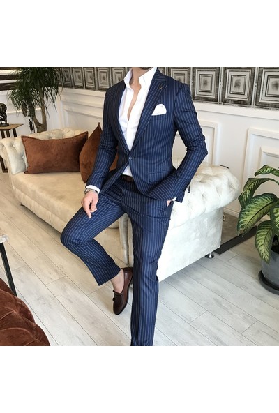 Terzi Adem İtalyan Stil Slim Fit Çizgili Erkek Ceket Pantolon Takım Elbise Lacivert T4897