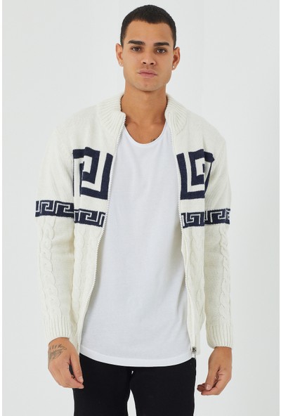Tarz Cool Erkek Beyaz Örgü Desenli Triko Hırka Tarz Cool Erkek Beyaz Örgü Desenli Triko Hırka