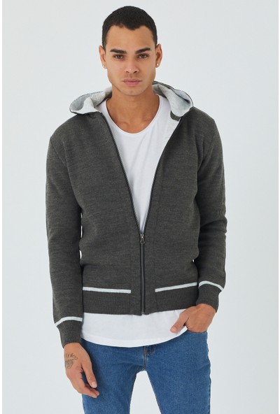 Tarz Cool Erkek Füme Düz Kapşonlu Triko Hırka