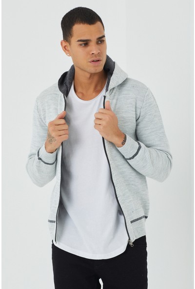 Tarz Cool Erkek Beyaz Düz Kapşonlu Triko Hırka