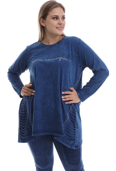Mia Butik Yuvarlak Yaka Pul Detaylı Salaş Bluz 44 Lacivert