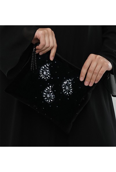 bb Handmade Collection Portföy Özel El Işli Siyah Kadife Çanta