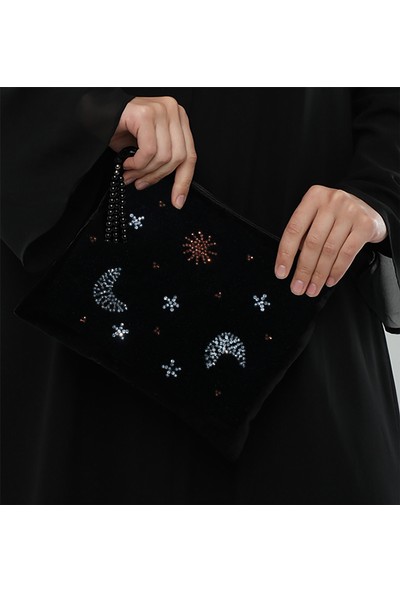 bb Handmade Collection Portföy Özel El Işli Siyah Kadife Çanta
