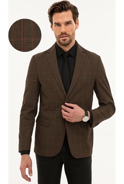 Pierre Cardin Ekose Kahverengi Slim Fit Ceket 50225490-VR029 Pierre Cardin Ekose Kahverengi Slim Fit Ceket 50225490-VR029