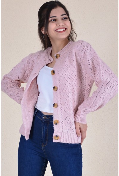 Butik Buruc Kadın Pudra Bisiklet Yaka Hırka