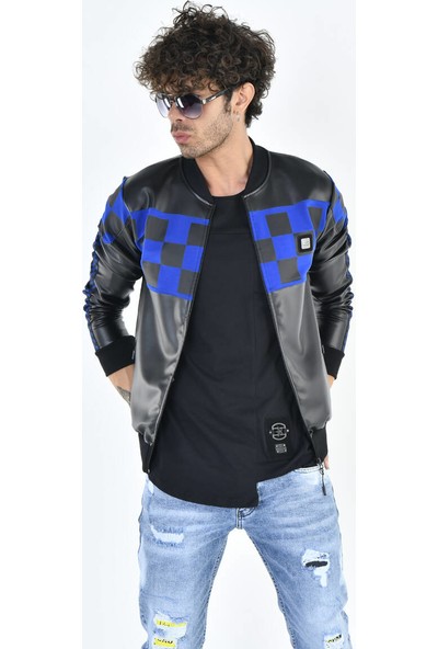 David&Gerenzo Siyah Saks Mavisi Dama Desenli Fermuarlı Ceket