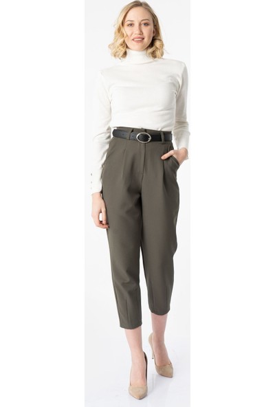 Prestij Fashion Paçası Çift Pensli Kadın Pantolon Haki