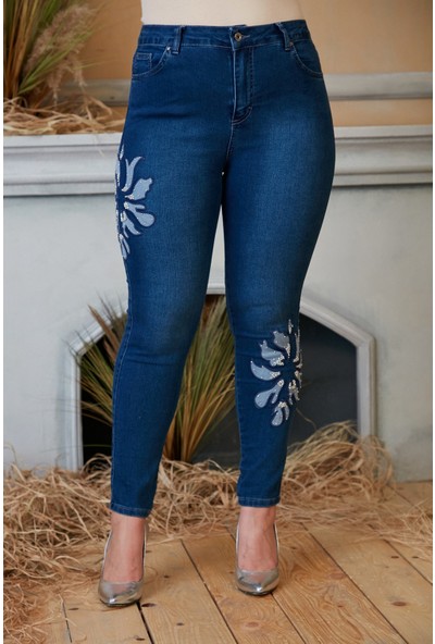 Rmg Aplike ve Taş İşlemeli Büyük Beden Kot Pantolon
