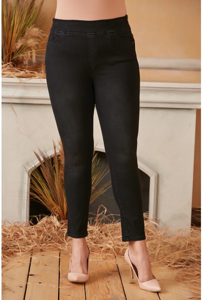 Rmg Yanları Fermuarlı Beli Lastikli Büyük Beden Füme Kot Pantolon