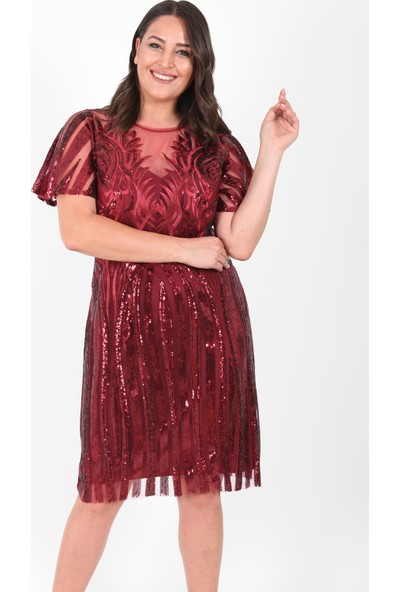 Ladies First Büyük Beden 3253 Bordo Kısa Abiye Elbise