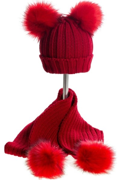 Baby Dora Çift Kırmızı Ponponlu Kırmızı Bere & Atkı Takım Baby Dora Çift Kırmızı Ponponlu Kırmızı Bere & Atkı Takım