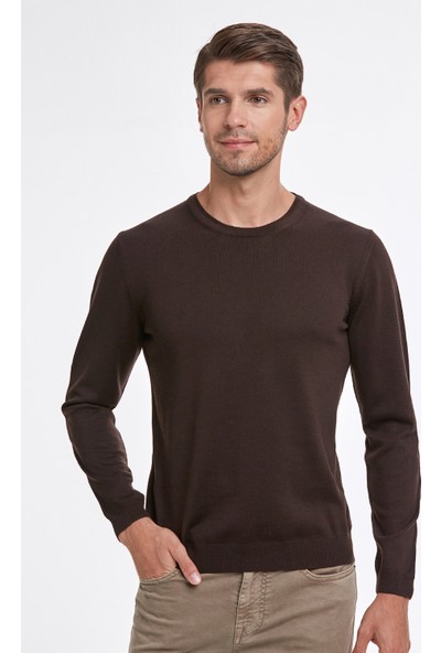 Hemington Bisiklet Yaka Koyu Kahverengi Saf Yün Triko