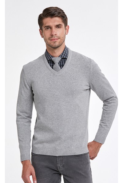 Hemington V Yaka Açık Gri Saf Pamuk Triko